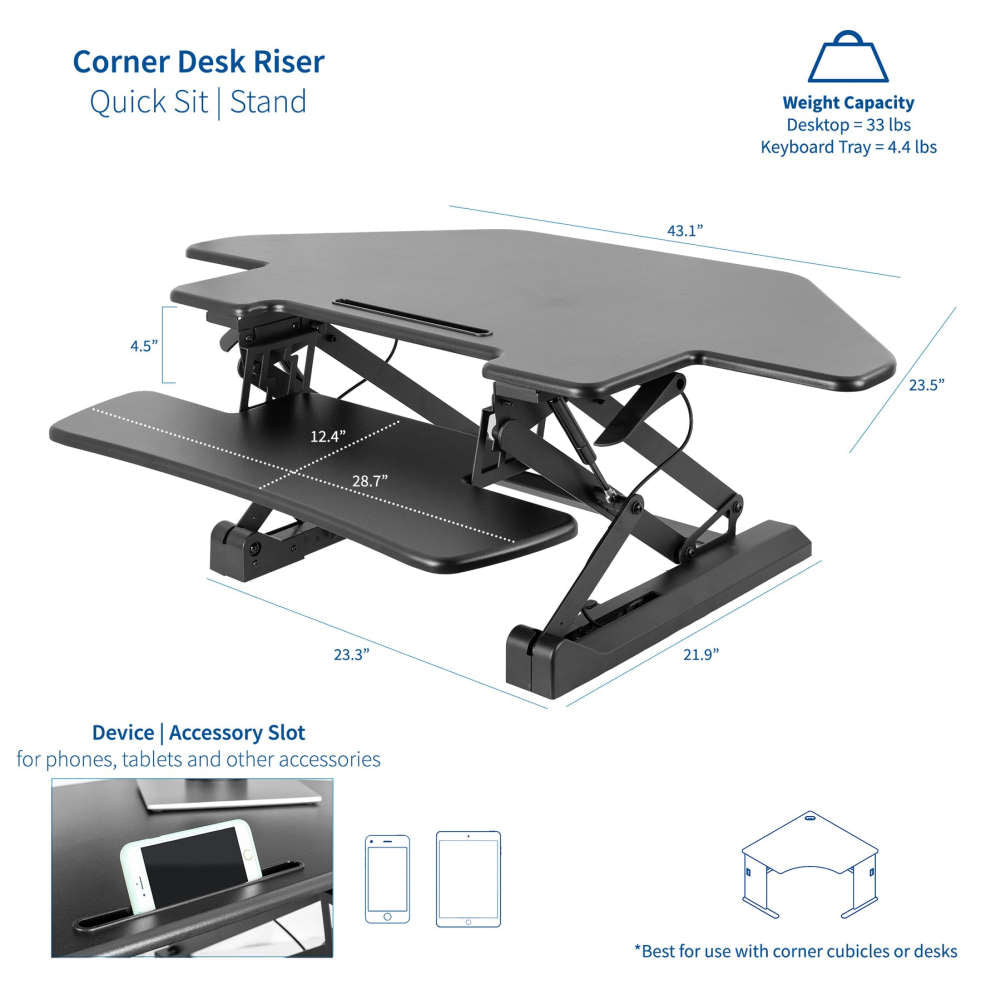 Vivo 40" Wide Adjustable Height Corner Standing Desk Converter- Black ...