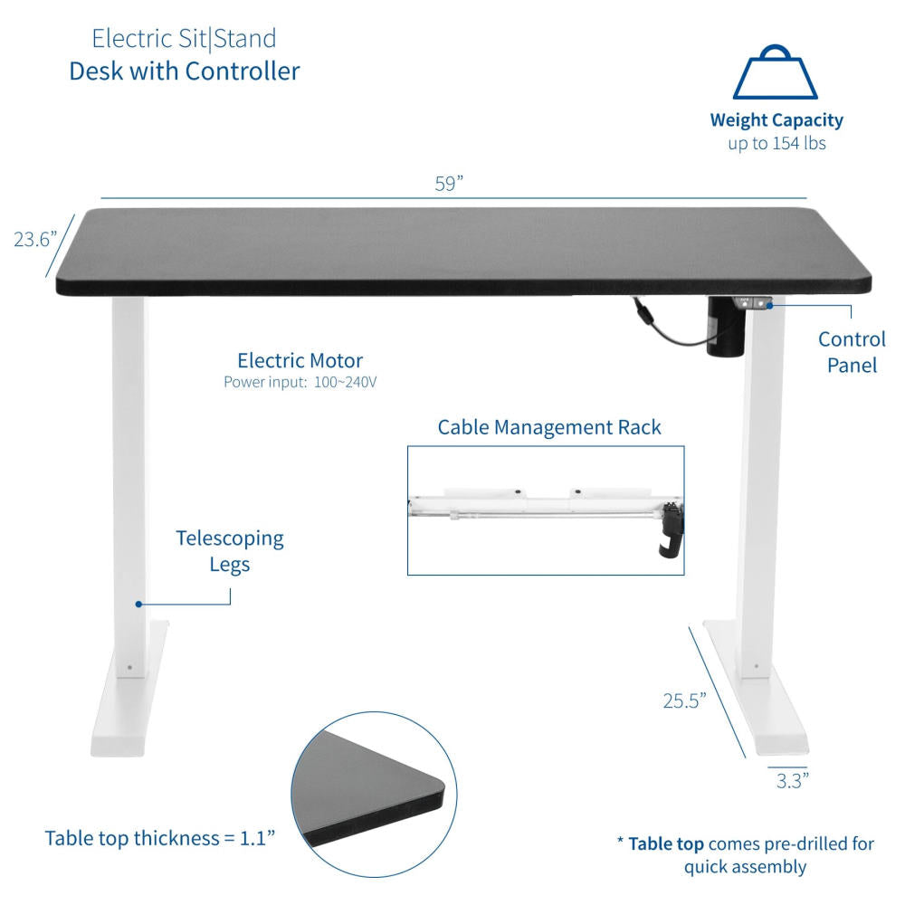 Vivo 60" Wide Standard Electric Adjustable Standing Desk- White Frame ...